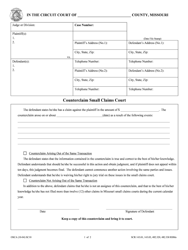 Fillable Online Counterclaim Small Claims Court Fax Email Print - pdfFiller