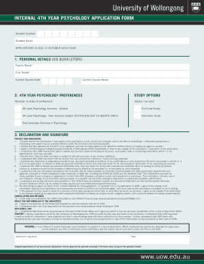 Fillable Online uow edu INTERNAL 4TH YEAR PSYCHOLOGY APPLICATION FORM ...