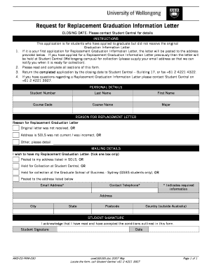 Fillable Online uow edu Request for Replacement Graduation Information ...