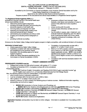 Fillable Online dvc FALL 2014 APPLICATION and INFORMATION DENTAL ...