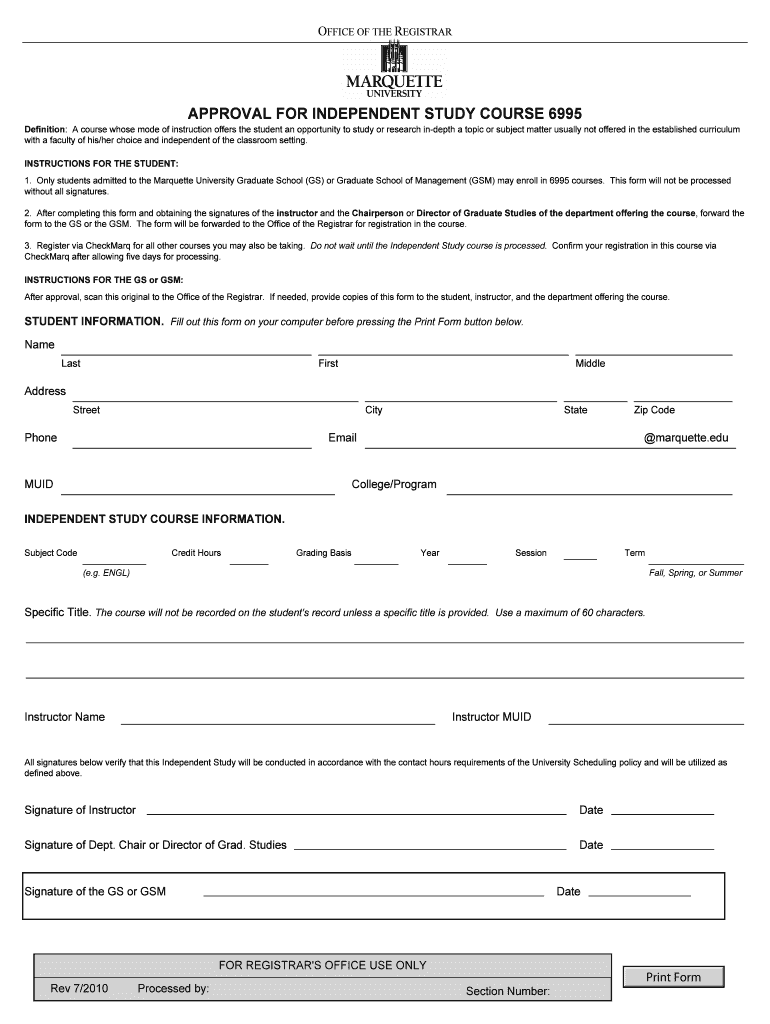 Fillable Online Approval for Independent Study Course 6995 Fax Email Print - pdfFiller