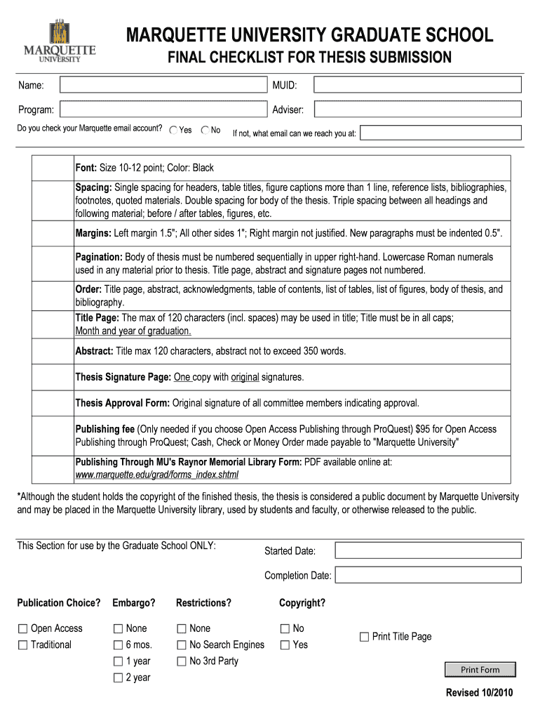 Fillable Online Marquette University Graduate School Final Checklist ...