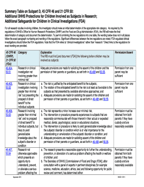 Fillable Online Summary Table on Subpart D, 45 CFR 46 and 21 CFR 50 ...