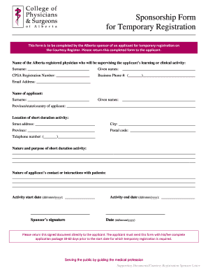 Fillable Online Sponsorship Form for Temporary Registration Fax Email ...
