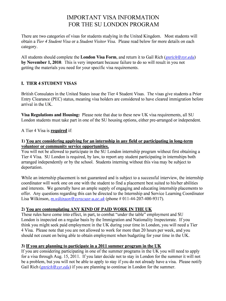 Fillable Online IMPORTANT VISA INFORMATION FOR THE SU LONDON PROGRAM Fax Email Print - pdfFiller