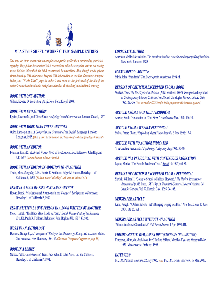 Fillable Online MLA STYLE SHEET: “WORKS CITED” SAMPLE ENTRIES Fax Email ...
