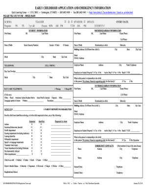 Fillable Online EARLY CHILDHOOD APPLICATION AND EMERGENCY INFORMATION ...