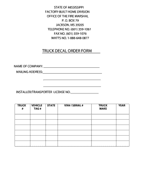 Fillable Online Truck Decals Order Form - Mississippi Insurance ...