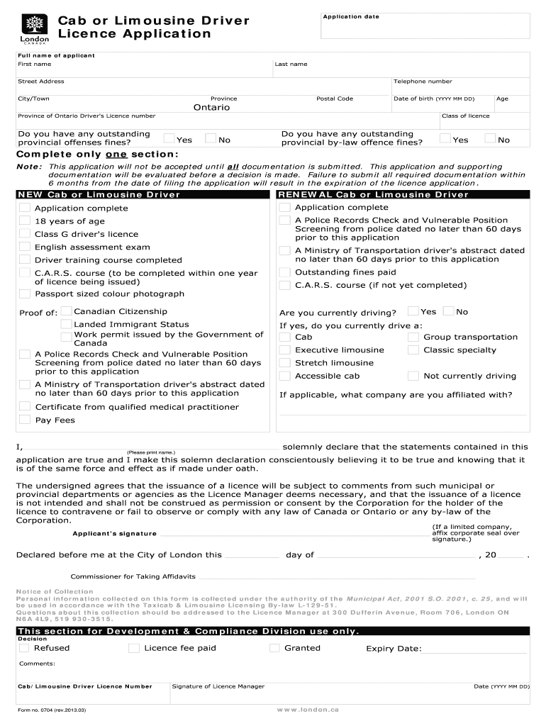 Fillable Online Cab or Limousine Driver Licence Application Fax Email ...