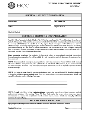 Fillable Online hccfl UNUSUAL ENROLLMENT HISTORY 2013-2014 SECTION 1 ...