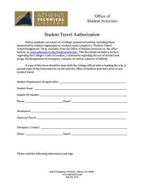 Fillable Online athenstech Student Travel Authorization Form - Athens ...