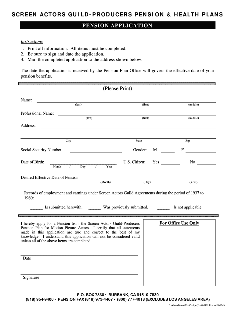 Fillable Online Screen Actors Guild-Producers Pension & Health Plans Pension Application Fax ...