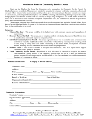 Fillable Online townofcharlton Nomination Form for Community Service ...