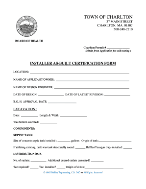Fillable Online townofcharlton Installers As Built Certification Form - Town of Charlton ...