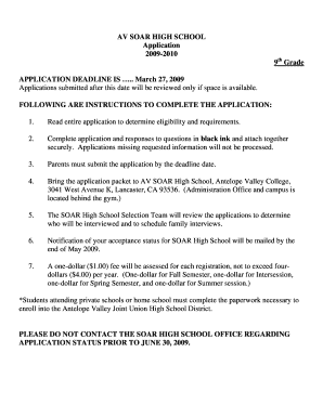 Fillable Online avc AV SOAR HIGH SCHOOL Application 2009-2010 9th Grade ...