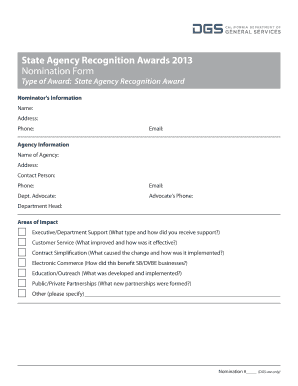 Fillable Online documents dgs ca State Agency Recognition Awards 2013 ...