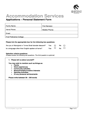 Fillable Online newcastle edu Accommodation Services Applications Personal Statement Form ...