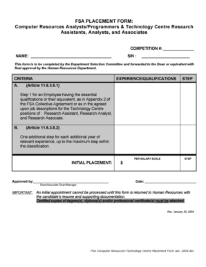 Fillable Online bcit BCIT FSA Placement Form - CR and TC Staff - bcit ...