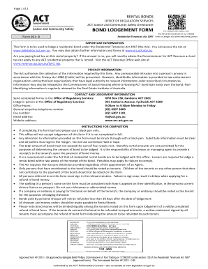 Fillable Online legislation act gov BOND LODGEMENT FORM - ACT ...