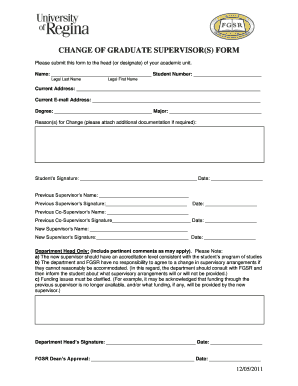 Fillable Online uregina Change of Graduate Supervisor Form Fax Email ...