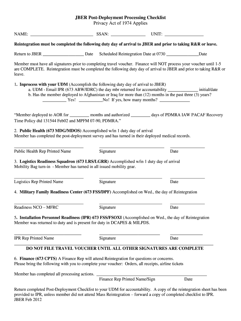 Fillable Online JBER Post-Deployment Processing Checklist Fax Email ...