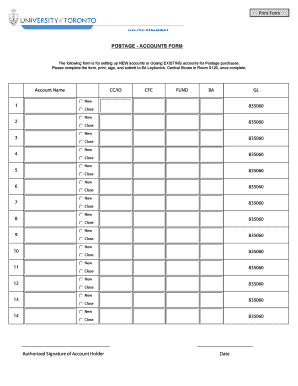 Fillable Online POSTAGE - ACCOUNTS FORM Account Name CC/IO CFC FUND ...