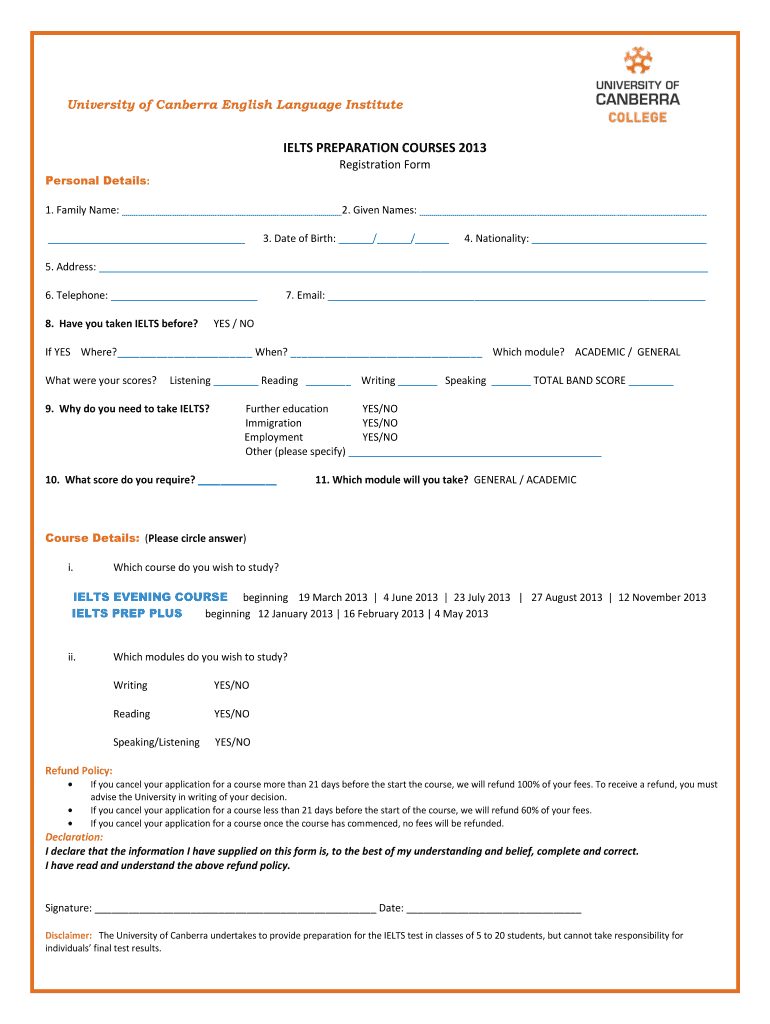 Fillable Online IELTS Preparation Courses Registration Fax Email Print - pdfFiller
