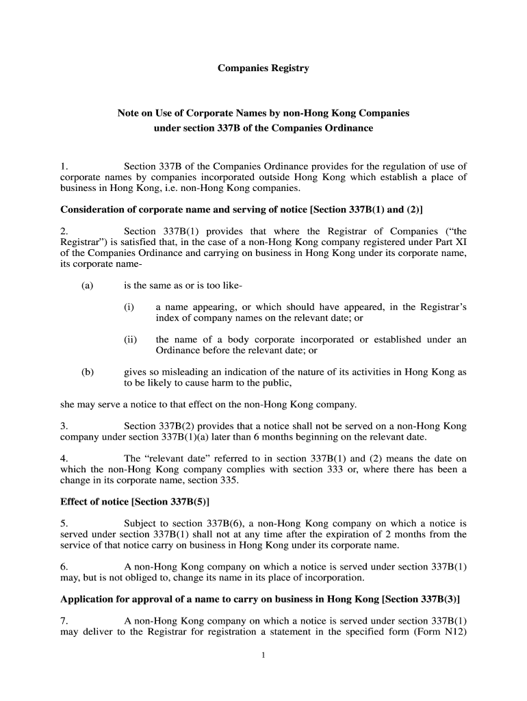 Fillable Online Note on Use of Corporate Names by non-Hong Kong Companies Fax Email Print ...