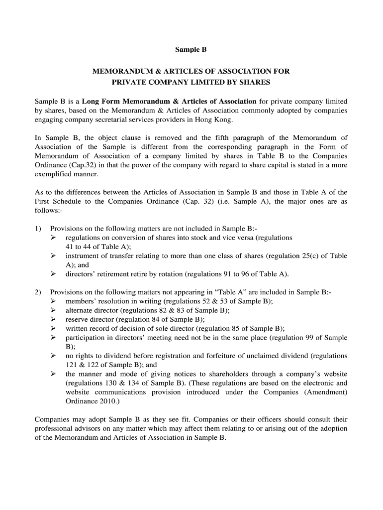 Fillable Online MEMORANDUM & ARTICLES OF ASSOCIATION FOR PRIVATE ...