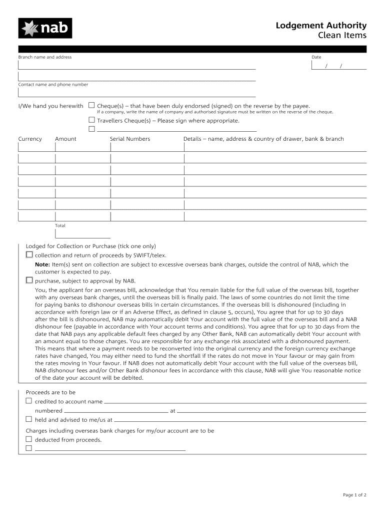 Fillable Online Lodgement-authority-clean-itemspdf lodgement-authority ...