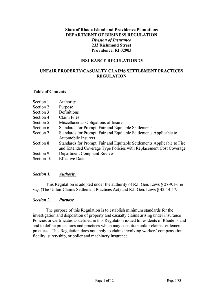 Fillable Online UNFAIR PROPERTY/CASUALTY CLAIMS SETTLEMENT PRACTICES ...