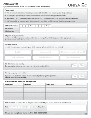 Fillable Online unisa ac ARCSWiD 01 - Special assistance form for ...