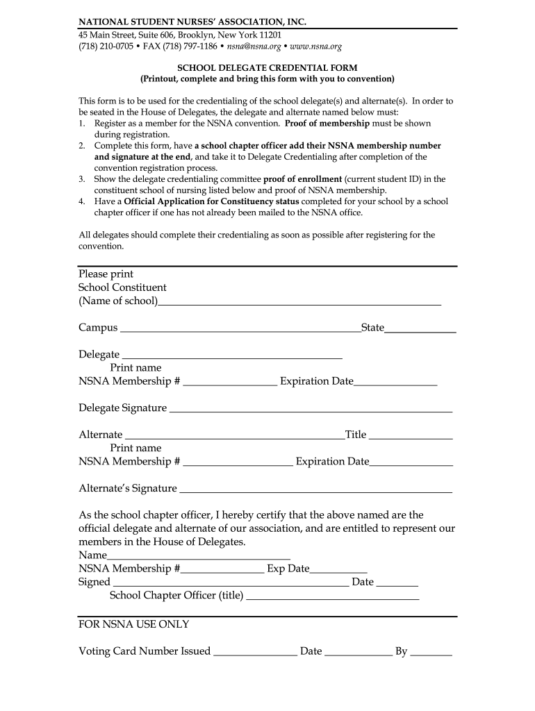 NSNA School Delegate Credential Form - Fill Online, Printable, Fillable ...
