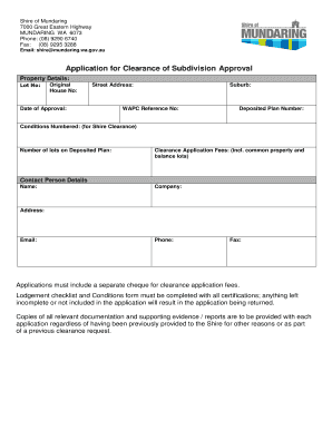 Fillable Online mundaring wa gov Application for Subdivision Clearance Form 1 - Shire of ...