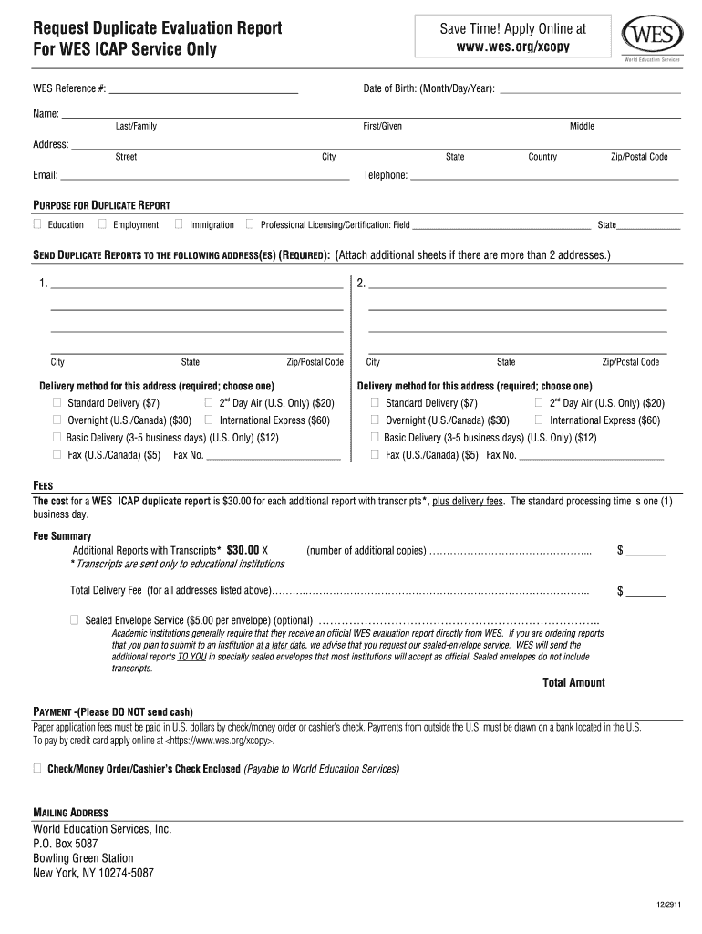 Fillable Online wes Request Duplicate Evaluation Report Fax Email Print - pdfFiller