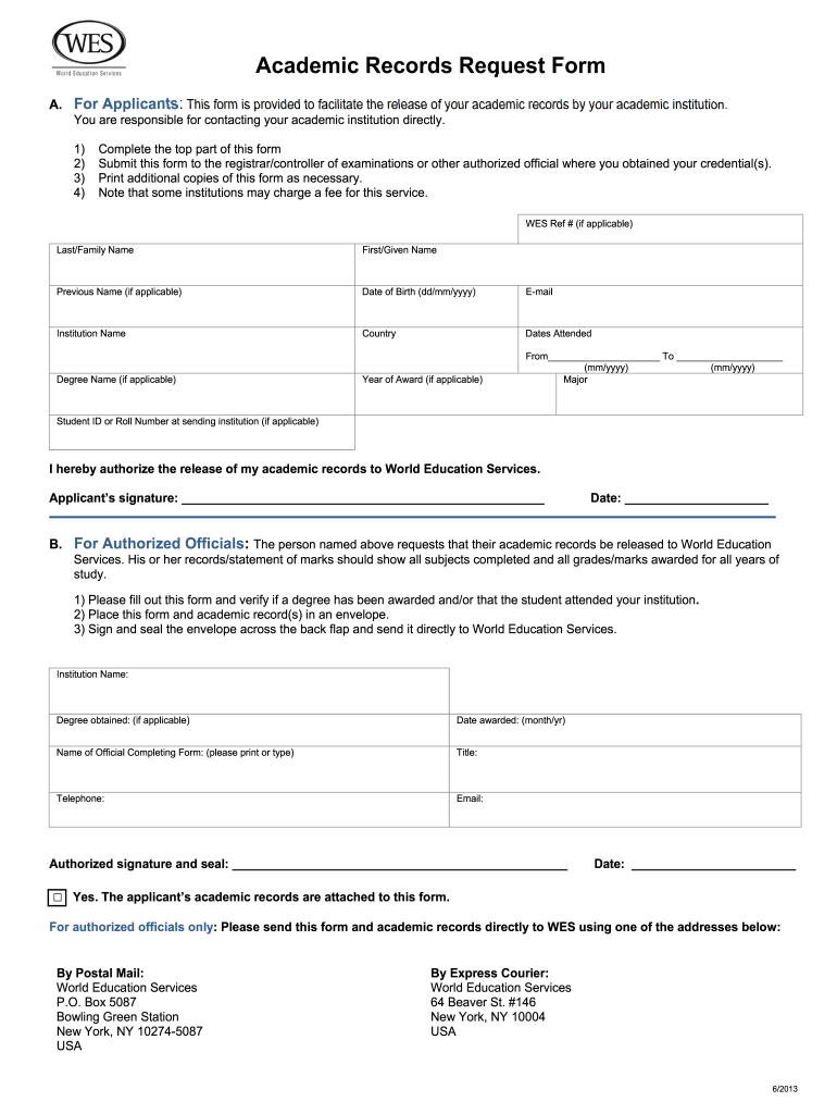 Wes Academic Re Form Fill Out Sign Online DocHub