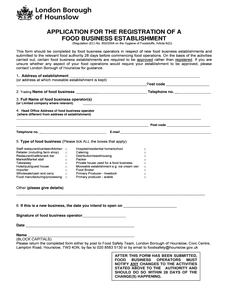 Fillable Online Application for Food Business Registration Fax Email ...