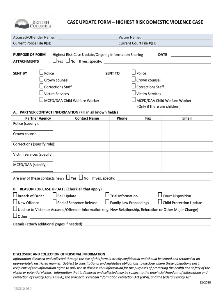 Highest Risk Domestic Violence Case Update Form - Blank Fillable ...