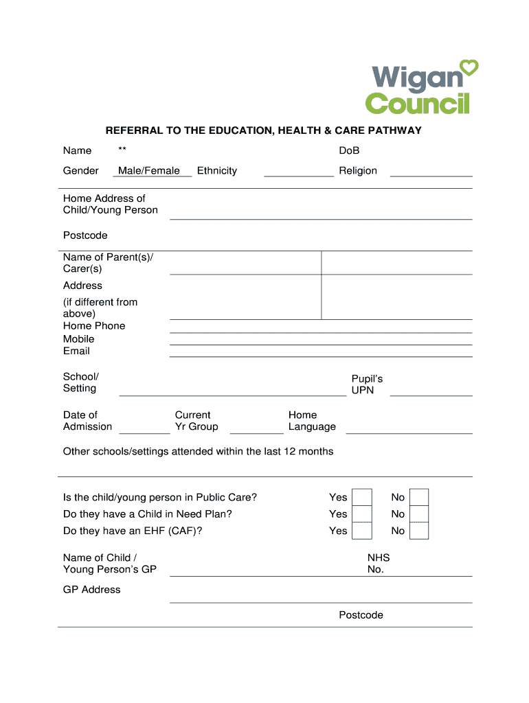 Fillable Online REFERRAL TO THE EDUCATION, HEALTH & CARE PATHWAY Fax ...