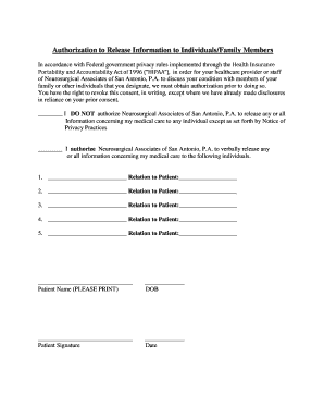 Fillable Online Authorization to Release Information to IndividualsFamily Members Fax Email ...