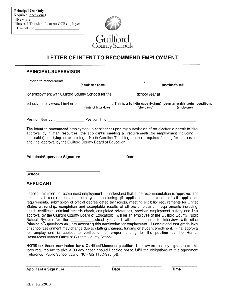 Fillable Online Letter of Intent to Recommend Employment Fax Email ...