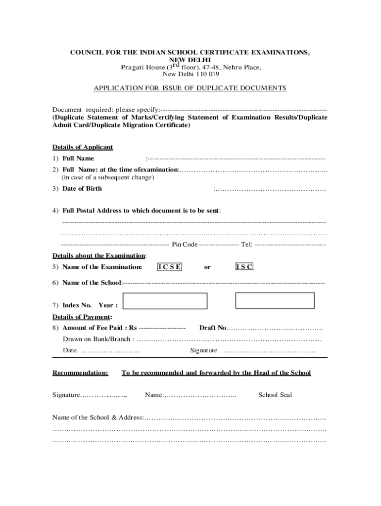 Fillable Online Application for Issue of Duplicate Documents Fax Email ...