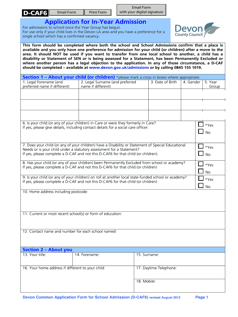 Fillable Online Application for In-Year Admission Fax Email Print - pdfFiller