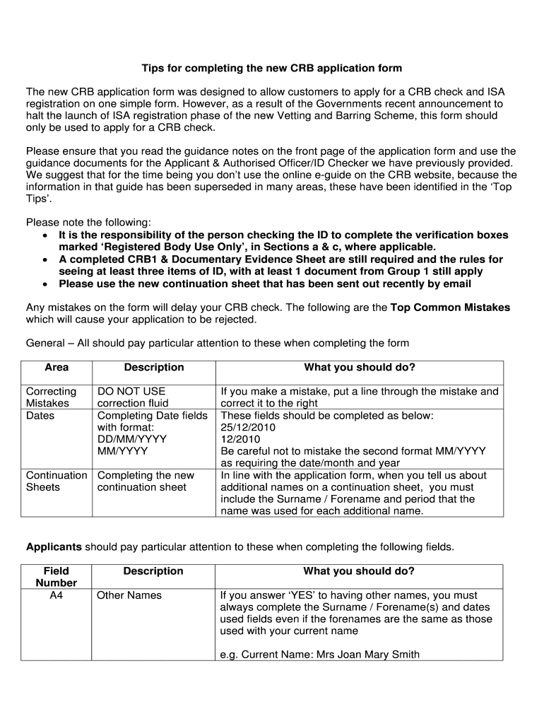Fillable Online Tips for completing the new CRB application form Fax ...