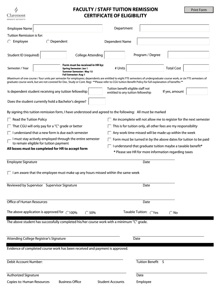Fillable Online Tuition Remission Certificate Fax Email Print - pdfFiller