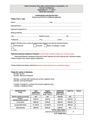 Fillable Online nasaa 2012 Fall Conference Registration Form 2 Fax ...