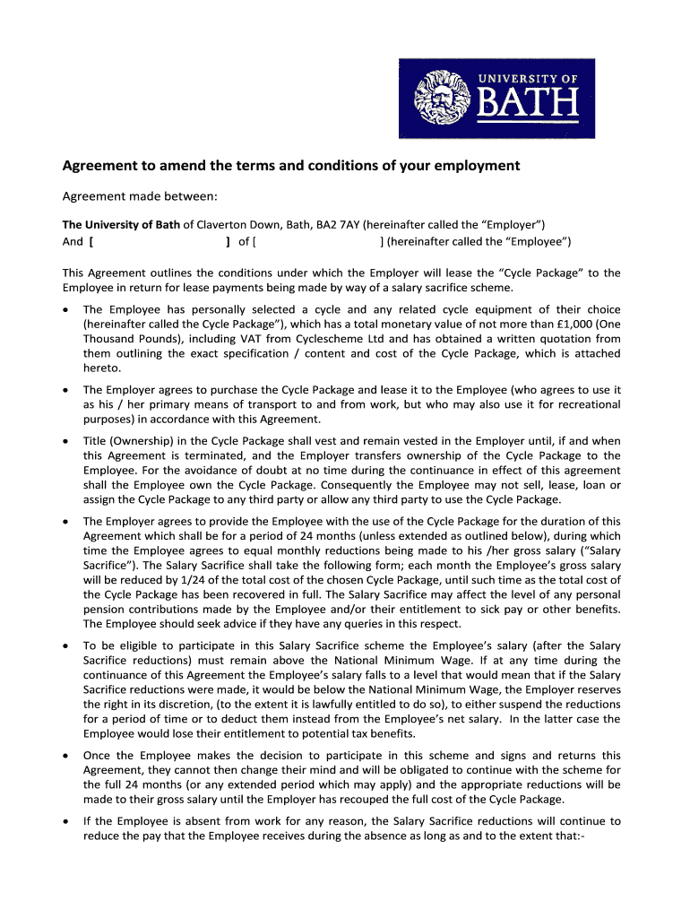 Fillable Online bath ac Agreement to amend the terms and conditions of ...