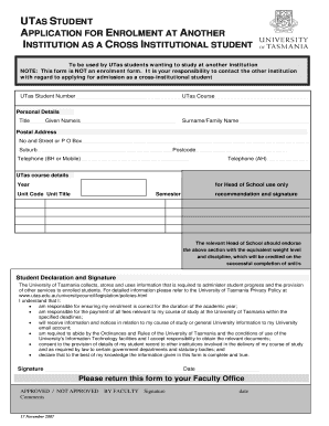 Fillable Online utas edu UTAS STUDENT APPLICATION FOR ENROLMENT AT ...