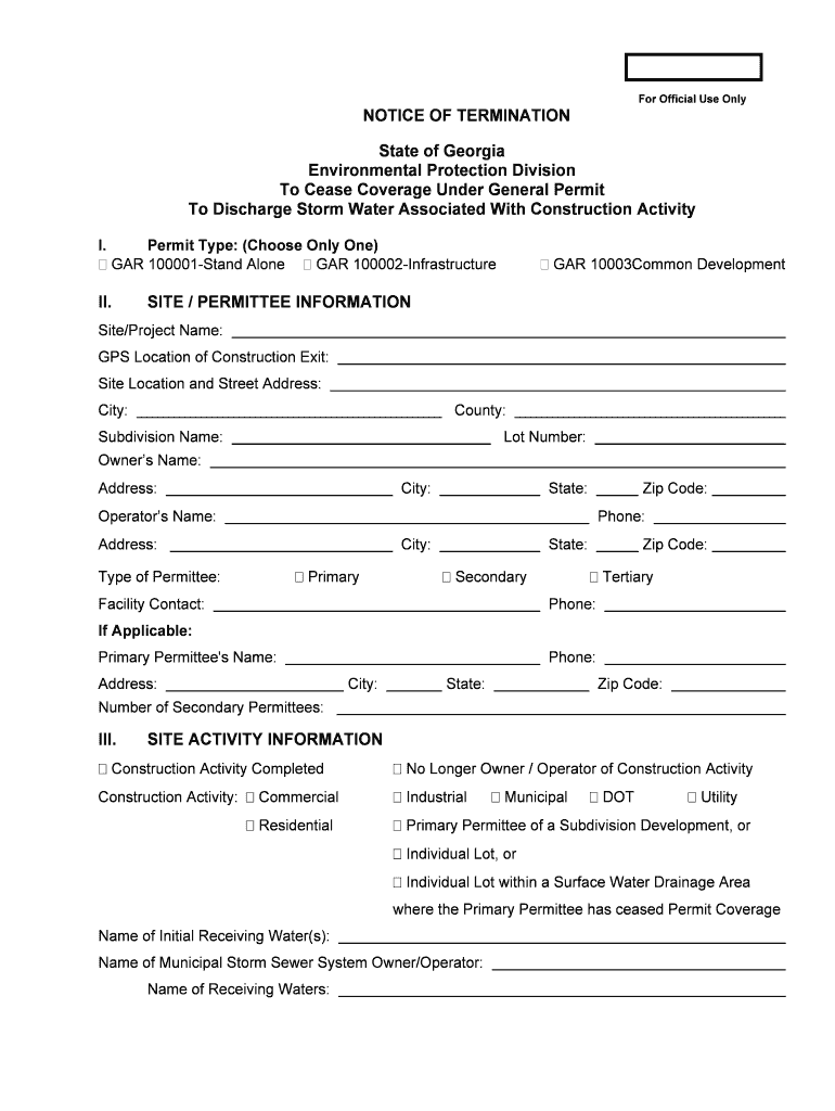 Fillable Online Notice of Termination to Cease Coverage Under General ...