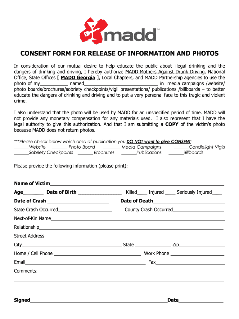 Fillable Online Consent Form for Release of Information and Photos Fax ...